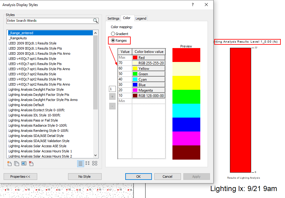 Lighting Analysis Illuminance dots are all red when Range is not Auto ...