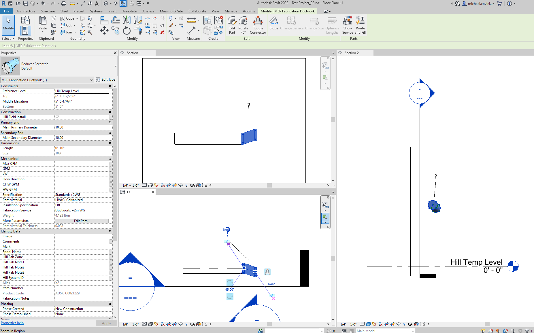 MEP Fabrication tag displays question mark when part is offset horizontal and vertical in Revit
