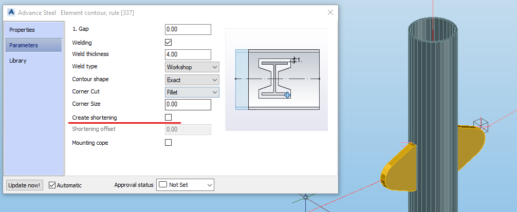 Joint "Element contour - rule" cuts the beam along its axis in Advance ...