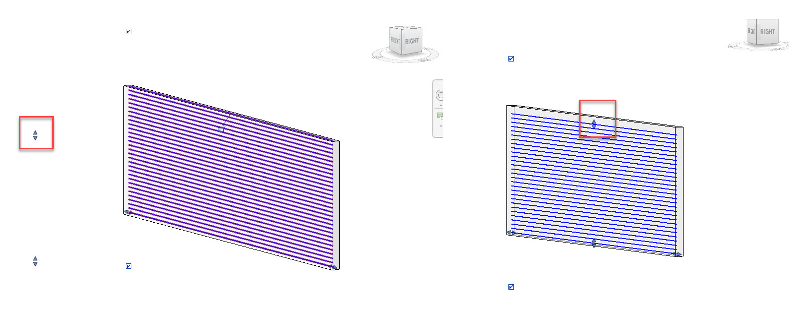 Revit의 3D에서 Viewcube를 사용하여 객체에서 보강 철근 모양 핸들을 이동합니다.