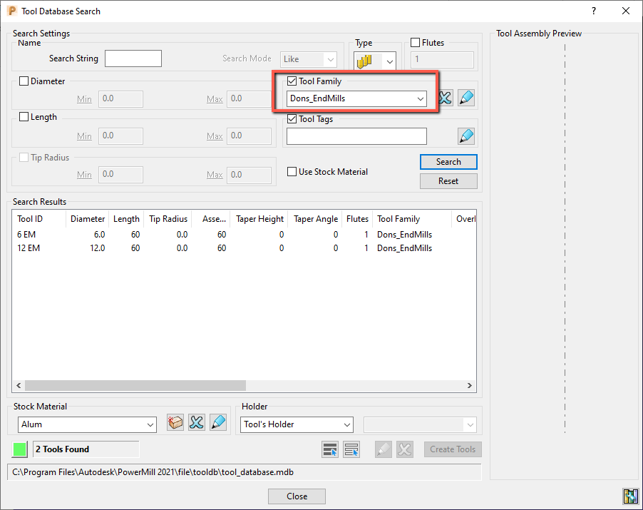 How to create/use a Tool Family within the Tool database of PowerMill