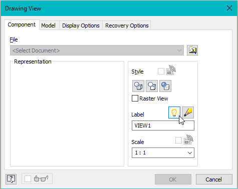 The drawing view label is missing from a view in the Inventor drawing