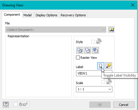 The drawing view label is missing from a view in the Inventor drawing