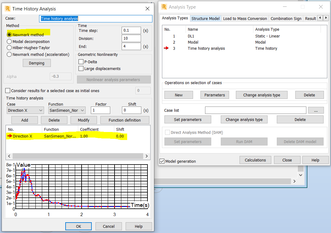 对于 Robot Structural Analysis 中由方向 X、Y 或 Z 定义的激励的时程分析，不计算结果