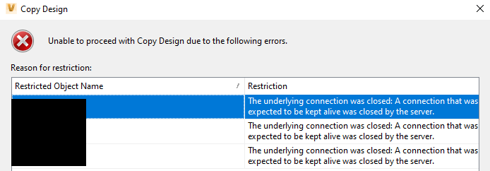 "Unable to proceed with Copy Design due to the following errors" when trying to use Vault Copy ...