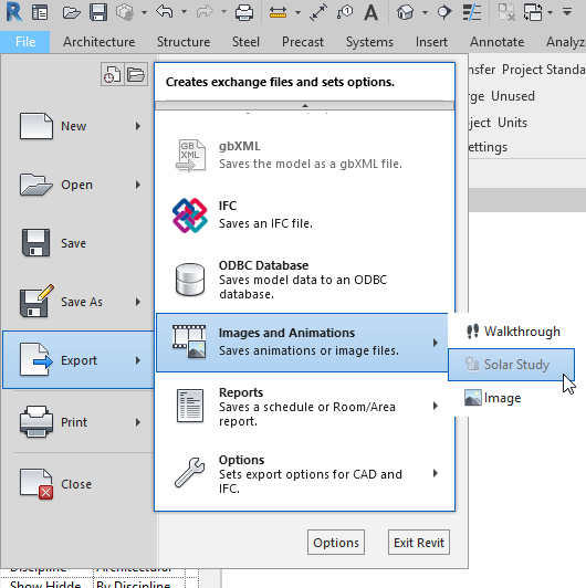 Solar Study export greyed out in Revit menu