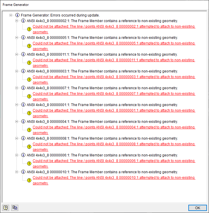 "Frame Generator: Errors occurred during update." during opening or updating frame in Inventor