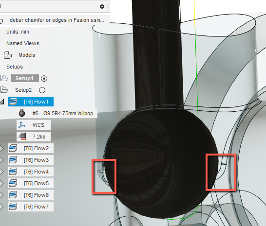 Fusion 360에서 '흐름' 도구 경로 전략을 사용하여 언더컷 구멍을 완전히 디버그하지 못합니다.