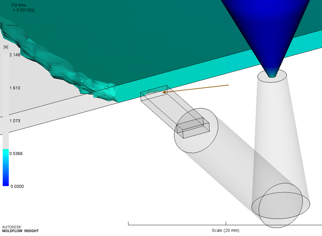 Strange flow pattern near the gate opening in Moldflow