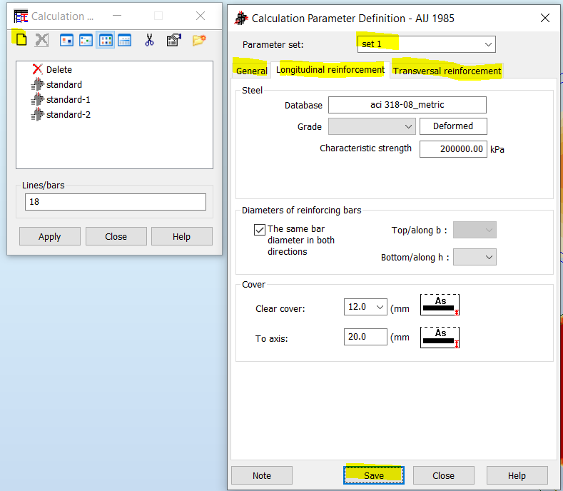Which code based parameters should be set for RC members required reinforcement calculation in ...