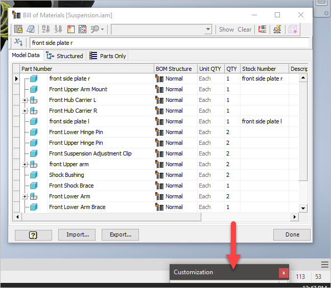 “BOM 表运行时列自定义”窗口已移出屏幕，因此无法在 Inventor 中通过 Windows 快捷方式重新定位