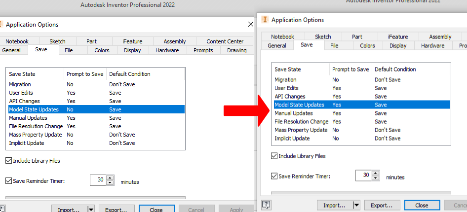 Prompts to Save for Model State Updates cannot be disabled in Inventor 2022