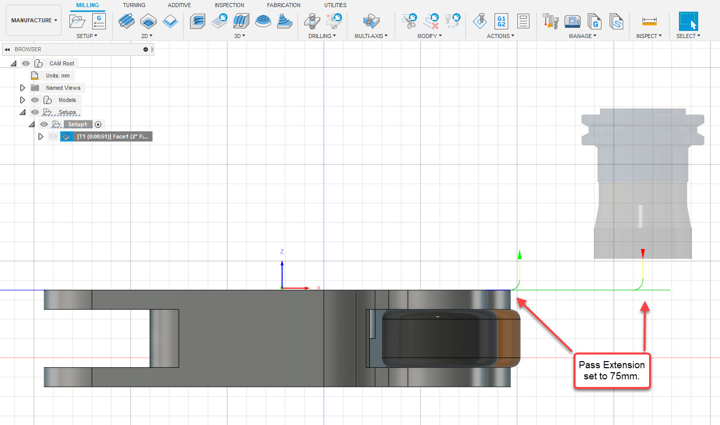 How to extend the horizontal lead-in for a facing toolpath in Fusion 360
