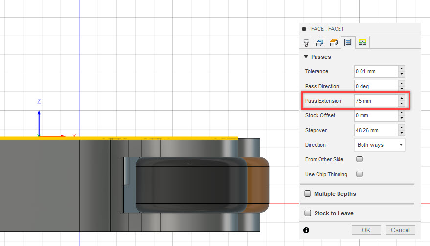 How to extend the horizontal lead-in for a facing toolpath in Fusion 360