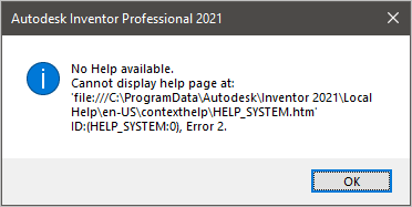 “没有可用的帮助。在 Inventor 中访问“帮助”菜单时，无法显示帮助页面：”