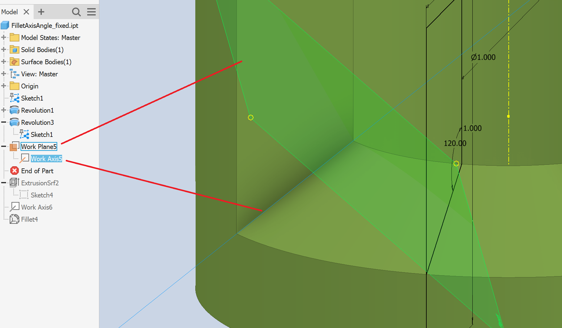 Unable to create axis on fillet of cylinder with compound revolve cut ...