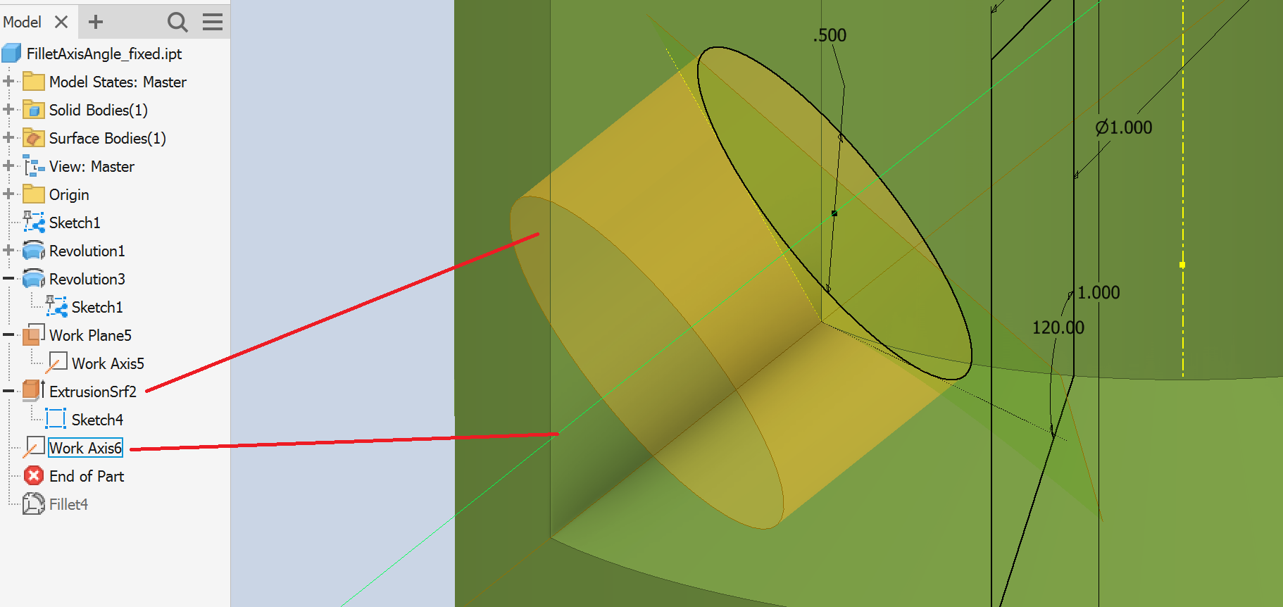 Unable to create axis on fillet of cylinder with compound revolve cut ...