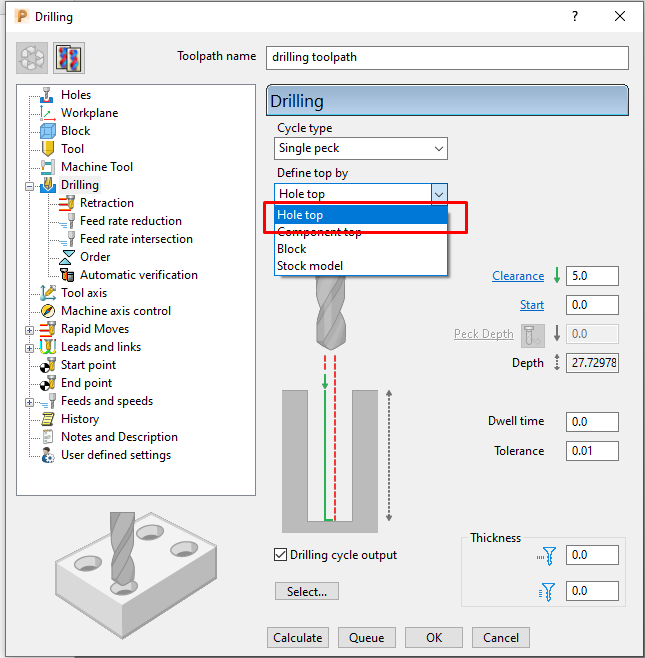 Drilling toolpath show collision when Define top by is defined by Block in PowerMill