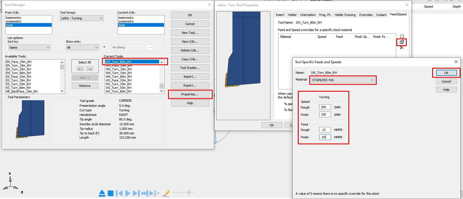 如何在FeatureCAM中为特定刀具指定进给和转速