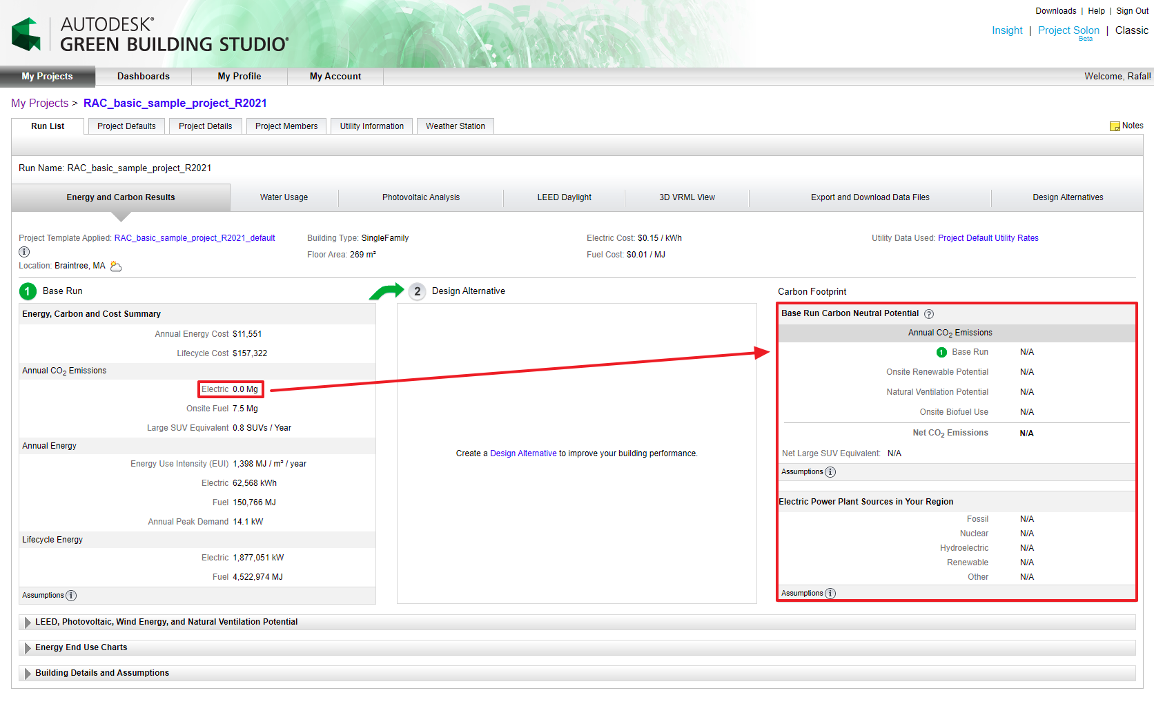 在Revit中生成能量模型后，不会为Green Building Studio中的项目计算碳足迹