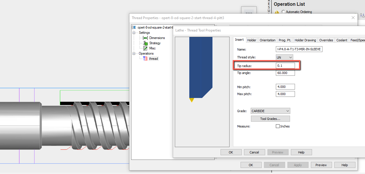 FeatureCAM에서 스레드가 코어 깊이로 절단되지 않습니다.