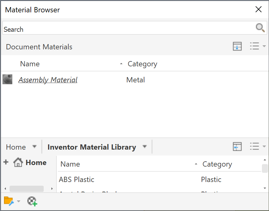 Assembly shows a material assigned to it in Material browser in Inventor