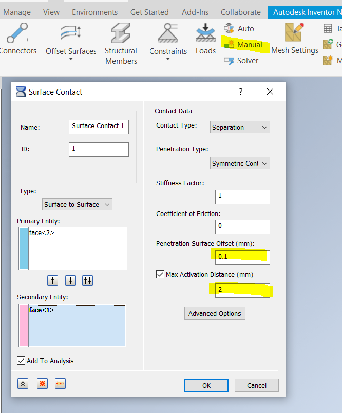 Separation contacts does not work for curved surfaces in Inventor Nastran