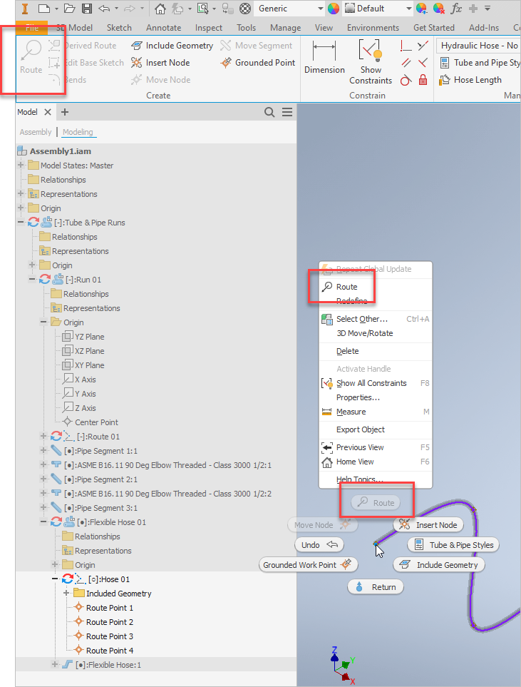 Route button on ribbon menu is disabled when editing flexible hose ...