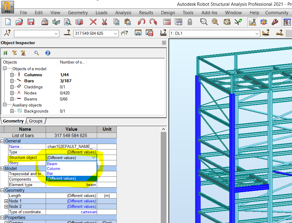 Changing structure object type for multiply bar members in Robot Structural Analysis
