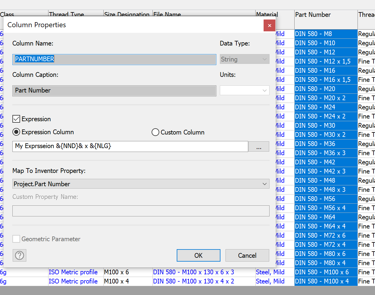 Changes to Part Number column expression in the Inventor Content Center ...