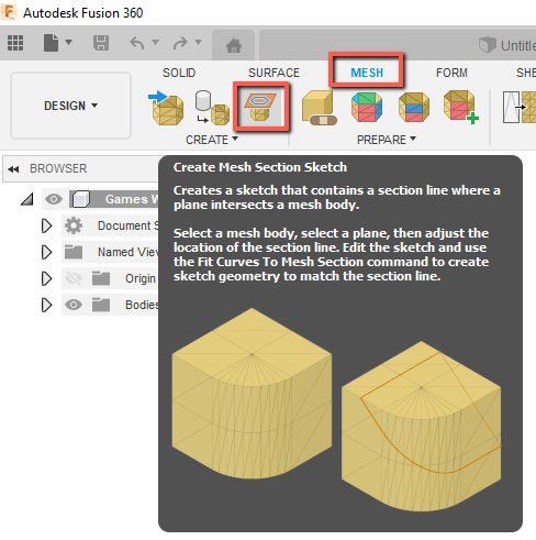 Se requieren más clics del cursor al realizar un boceto de sección de malla en Fusion 360