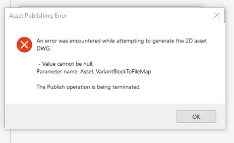 "An error was encountered while attempting to generate the 2D asset DWG" when publishing an ...