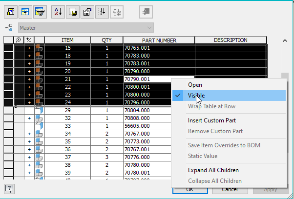How can rows in an Inventor drawing parts list be made to not show?