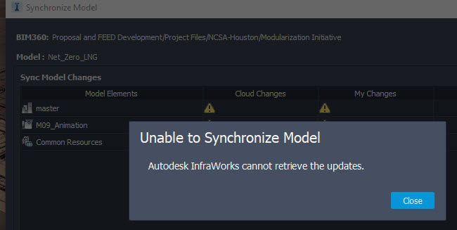 "Autodesk InfraWorks cannot retrieve the updates" when synchronizing a ...