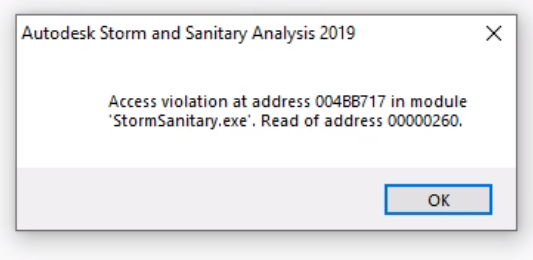 Civil 3DでStorm and Sanitary Analysisで特定のモデルを開くときに一連のメッセージが表示されます
