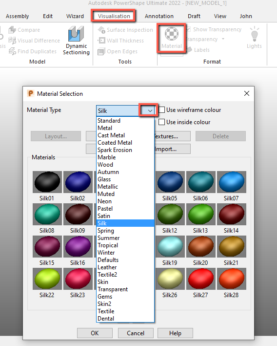 La selección de material no tiene colores en PowerShape.