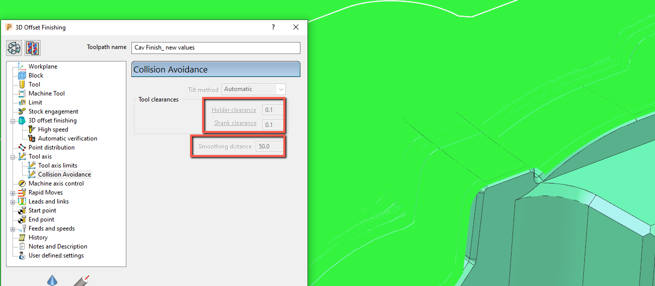 Automatic collision avoidance toolpath in PowerMill has gaps and is not smooth.