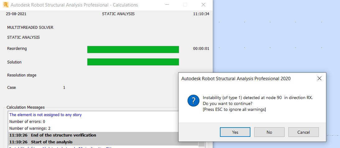 "Instability (of type 1)" while model exported from Revit calculation ...