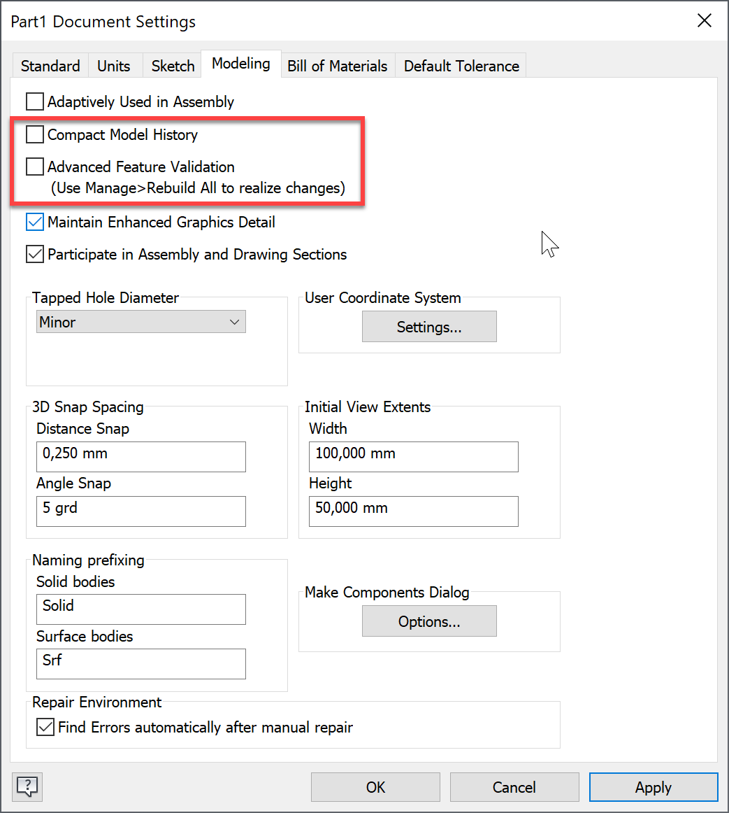 What are the suggested settings for the part document options "Advanced Feature Validation" and ...