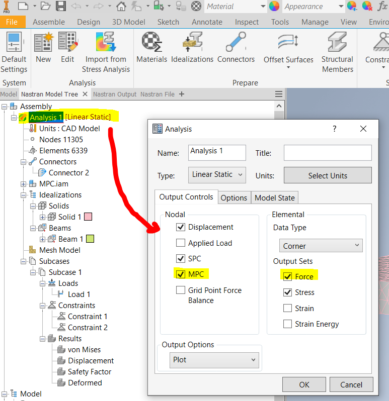 Inventor Nastran에서 계산된 모델에 대해 MPC 및 힘 결과를 사용할 수 없음