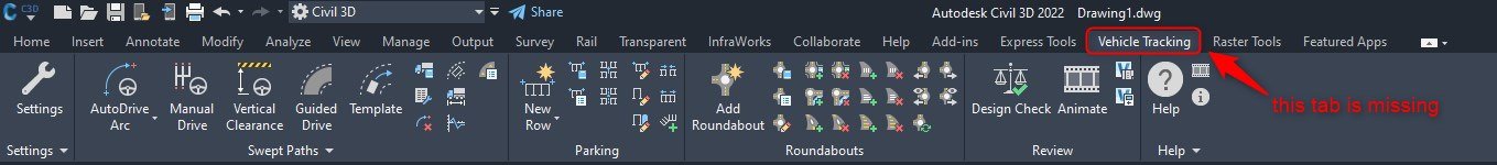 Vehicle Tracking menu and ribbon are missing in AutoCAD or Civil 3D