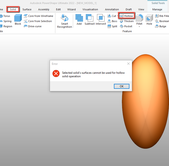 Getting Error - Selected solids surfaces cannot be used for hollow ...