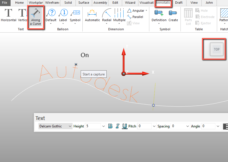 Why does wrapping text around curve appear on the wrong side of curve line in PowerShape.