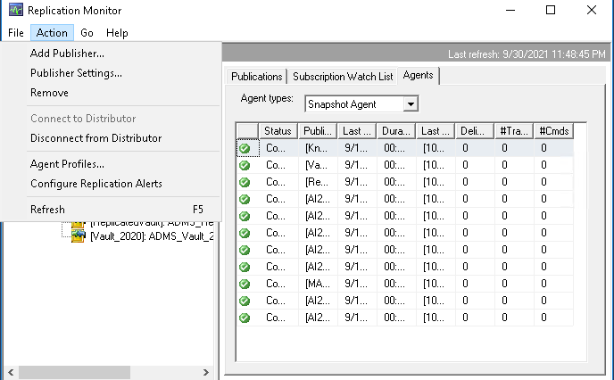 Vault ADMS Console数据同步状态中显示“找不到代理配置‘ADMS Merge Subscription合约’...”