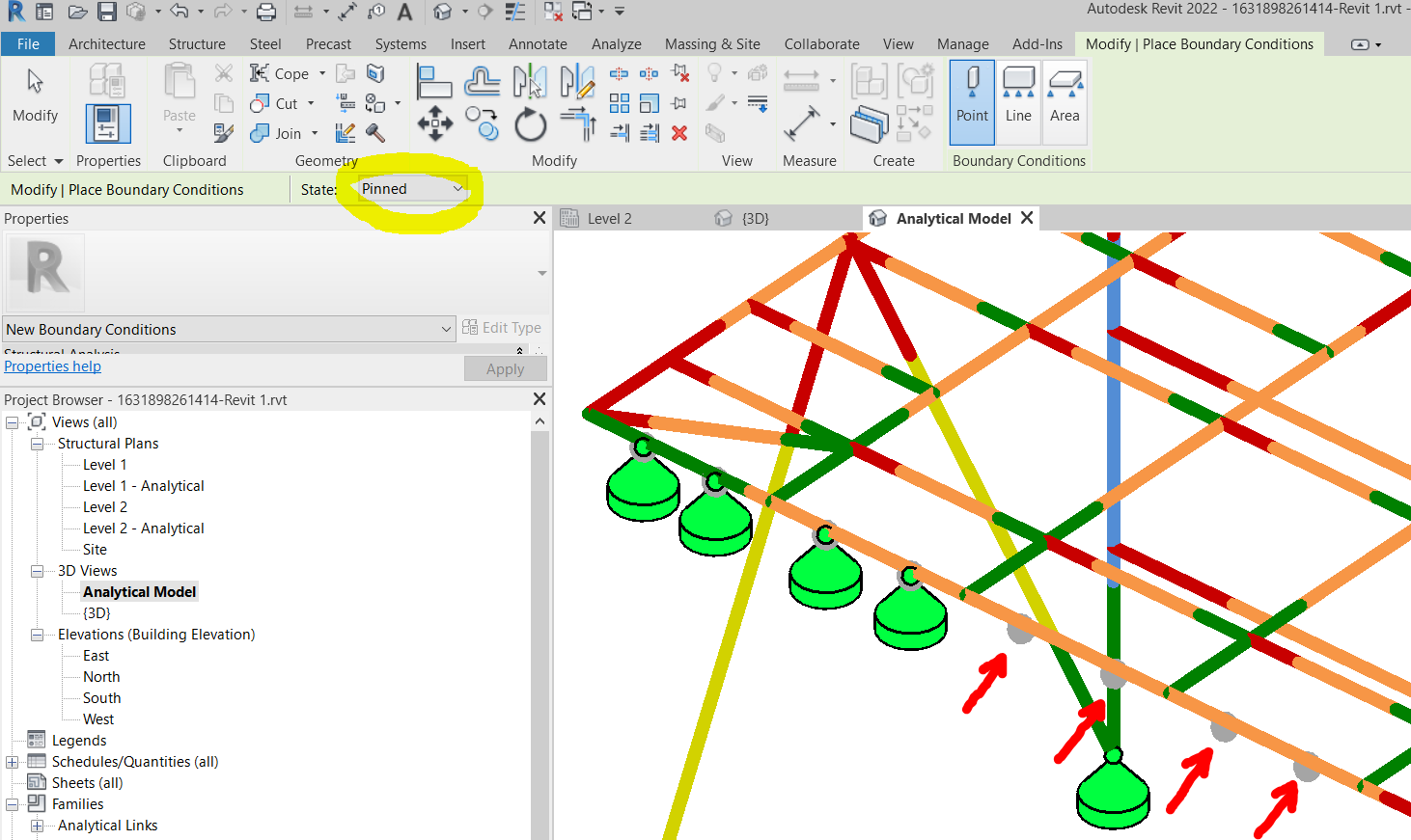 在Robot Structural Analysis模型中定义的节点支撑在导出到Revit Structure后显示为实体块。