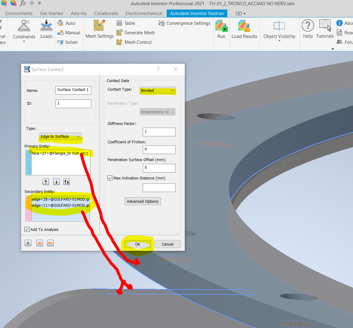 How to simulate welded connection in Inventor Nastran
