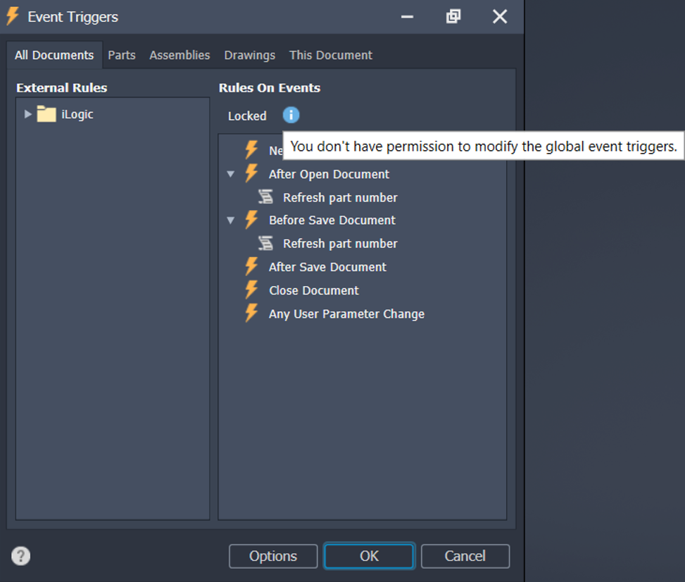 "You don't have permission to modify the global event triggers" when trying to add the iLogic ...
