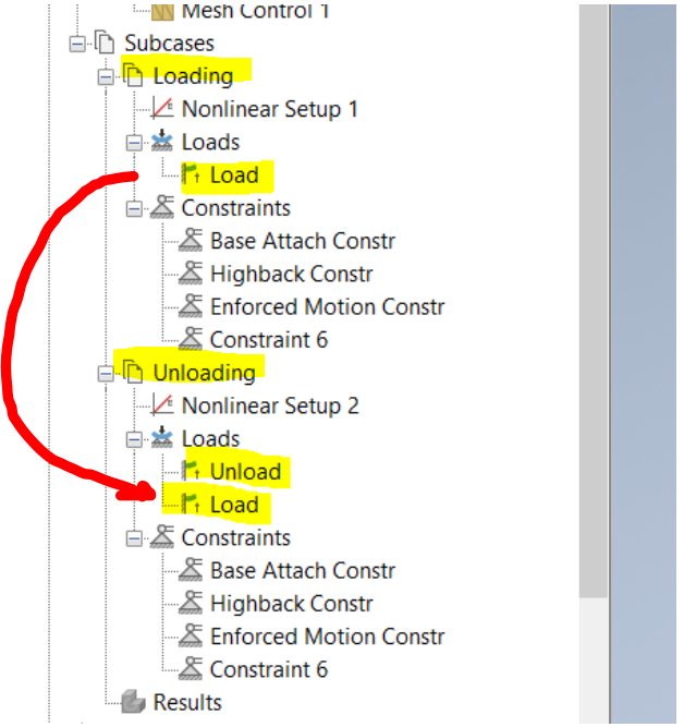 When load and unload subcases are defined, unload process starts from initial model position in ...
