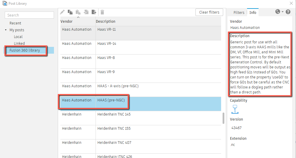 Recommended generic library Fusion 360 post processor for a 3 axis Haas VF 4 Fanuc control.