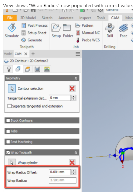 "The wrap radius must be larger than zero for axis substitution" when creating 2D contour wrap ...